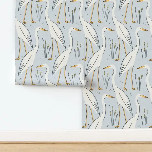 Spoonflower Bird Birds Marsh Lake Herons Custom Pre-pasted Wallpaper