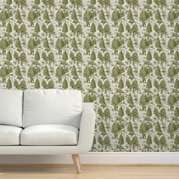 Spoonflower Forest Toile Weird Camping Toile De Jouy Custom Pre-pasted Wallpaper - Green
