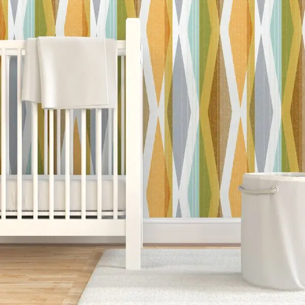 Spoonflower Mid Century Modern Geometric Abstract Retro Style Custom Pre-pasted Wallpaper - Yellow