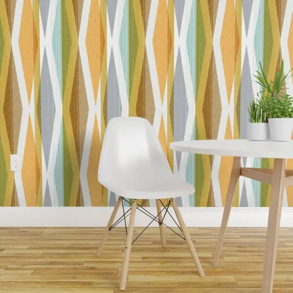 Spoonflower Mid Century Modern Geometric Abstract Retro Style Custom Pre-pasted Wallpaper - Yellow