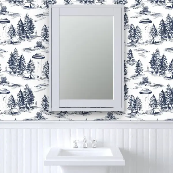 Spoonflower Blue & White Alien Abduction Toile Custom Pre-pasted Wallpaper - White,blue