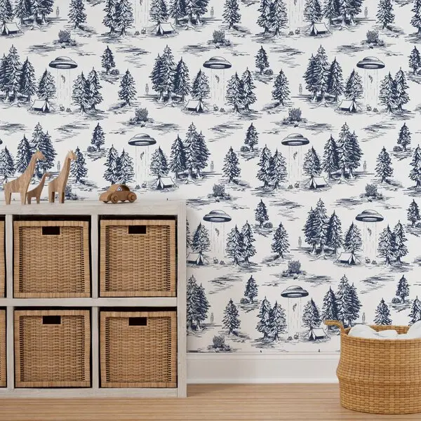 Spoonflower Blue & White Alien Abduction Toile Custom Pre-pasted Wallpaper - White,blue