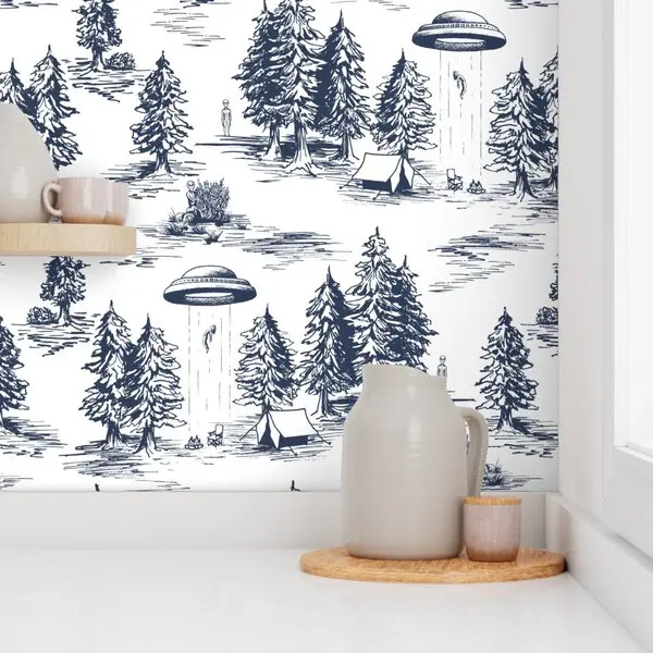 Spoonflower Blue & White Alien Abduction Toile Custom Pre-pasted Wallpaper - White,blue