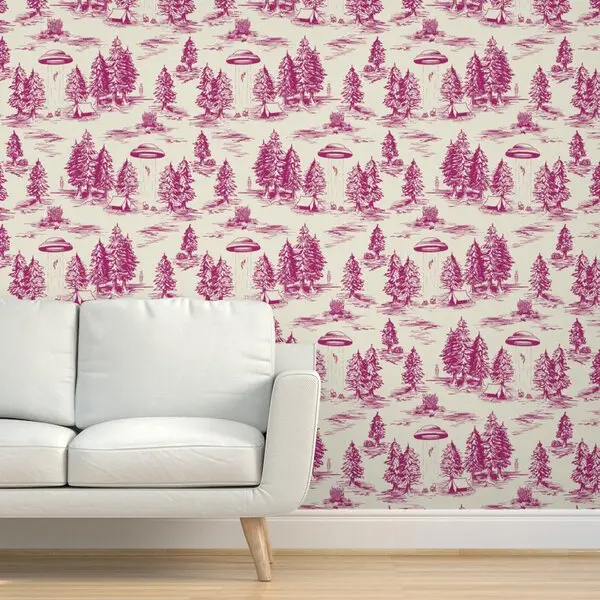 Spoonflower Magenta Space Alien Aliens Quirky Ufos Science Custom Pre-pasted Wallpaper