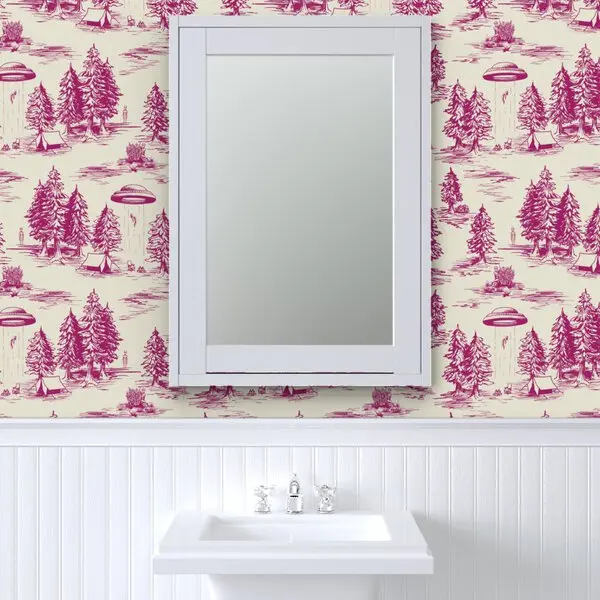 Spoonflower Magenta Space Alien Aliens Quirky Ufos Science Custom Pre-pasted Wallpaper