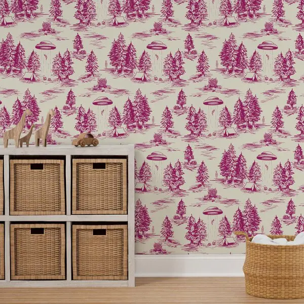 Spoonflower Magenta Space Alien Aliens Quirky Ufos Science Custom Pre-pasted Wallpaper