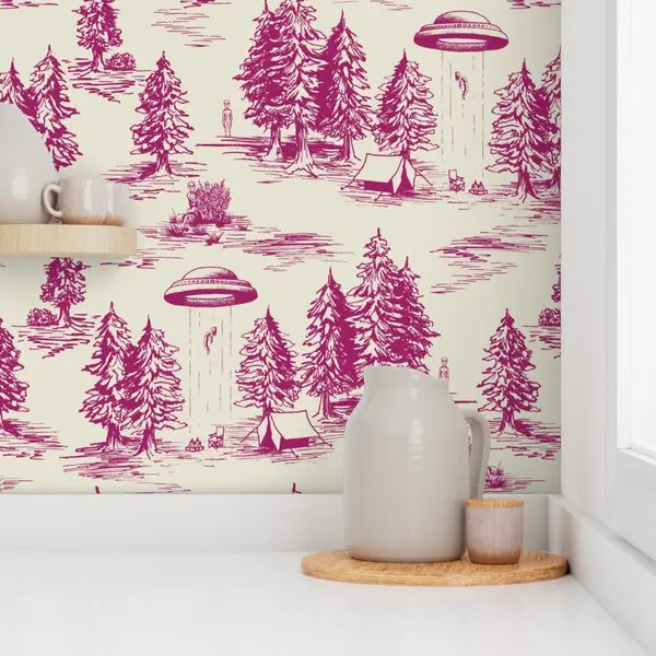 Spoonflower Magenta Space Alien Aliens Quirky Ufos Science Custom Pre-pasted Wallpaper