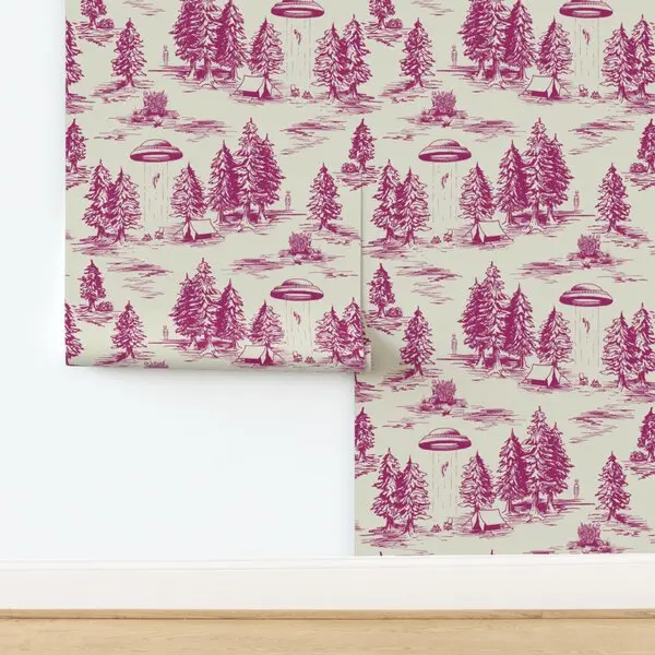 Spoonflower Magenta Space Alien Aliens Quirky Ufos Science Custom Pre-pasted Wallpaper
