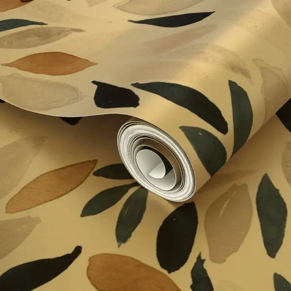 Spoonflower Blue Leaves Gold Gray Abstract Hazel Mod Botanical Custom Removable Wallpaper - Blue,gold,gray