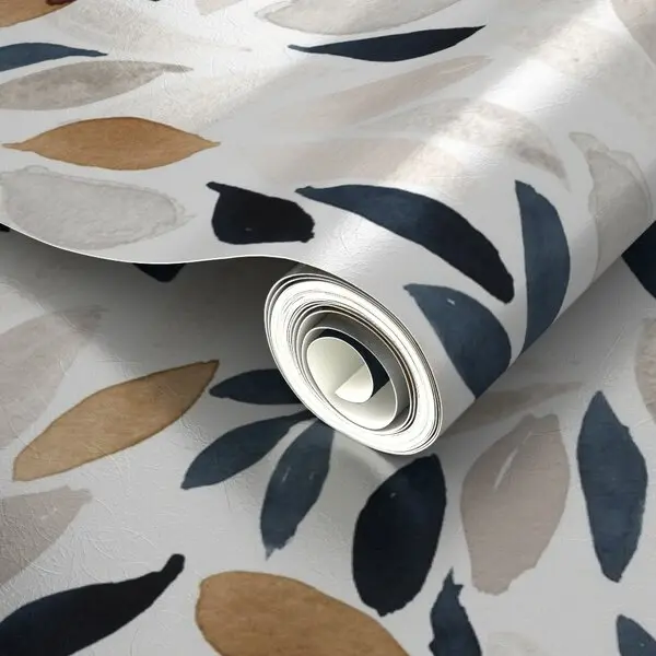 Spoonflower Blue Leaves Gold Gray Abstract Hazel Mod Botanical Custom Pre-pasted Wallpaper - Blue,gold,gray