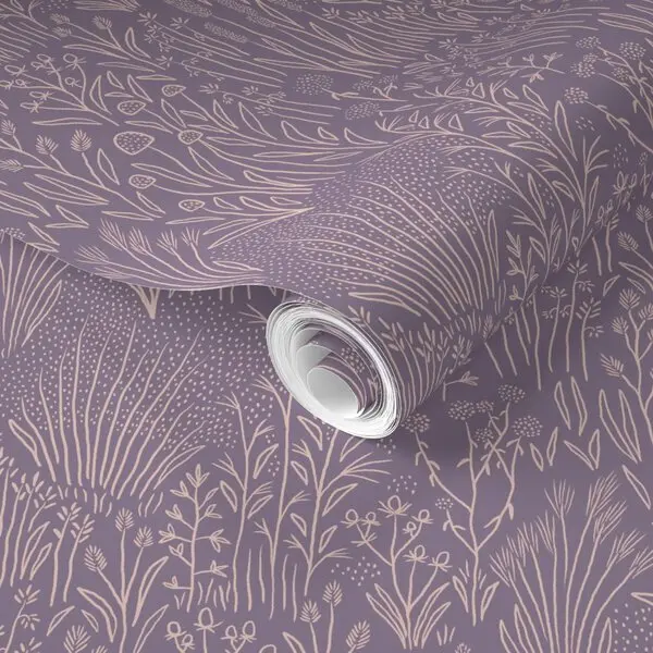 Spoonflower Wild Free Lilac Leaves Floral Nature Grass Plants Custom Pre-pasted Wallpaper - Purple,pink