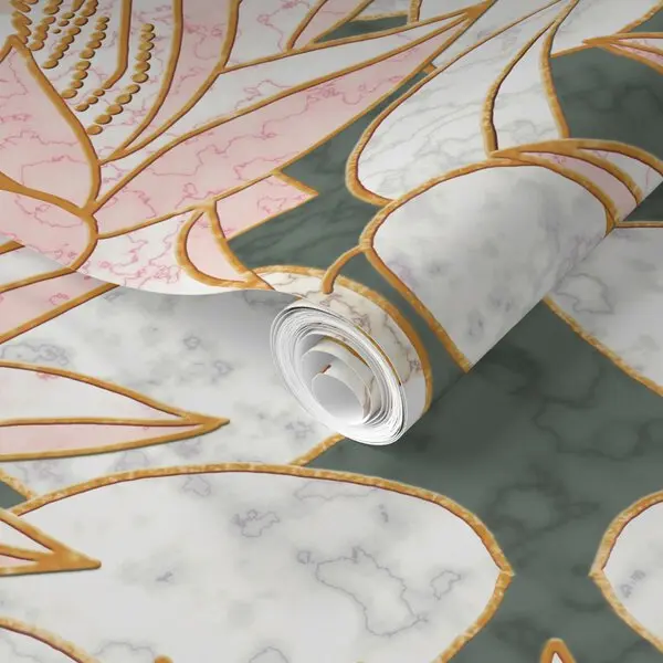 Spoonflower Art Deco Floral Rose Pink African Flora King Custom Removable Wallpaper - Green
