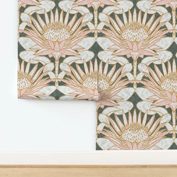 Spoonflower Art Deco Floral Rose Pink African Flora King Custom Pre-pasted Wallpaper - Green