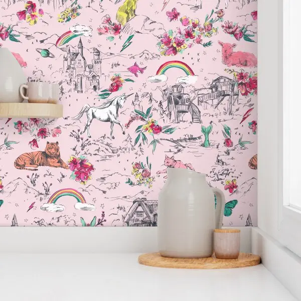 Spoonflower Bear Castle Mermaid Tiger Unicorn Rainbow Lamb Custom Pre-pasted Wallpaper
