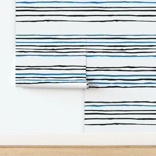 Spoonflower And White Stripes Paint Watercolor Custom Pre-pasted Wallpaper - Black