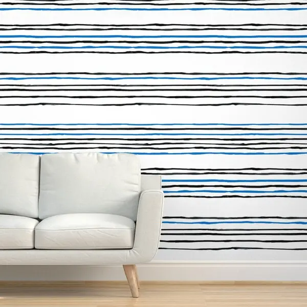 Spoonflower And White Stripes Paint Watercolor Custom Pre-pasted Wallpaper - Black