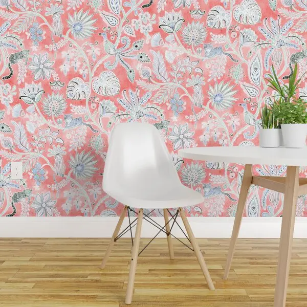 Spoonflower Monkey Tropical Leopard Bohemian Tiger Sky Blue Custom Pre-pasted Wallpaper - Coral