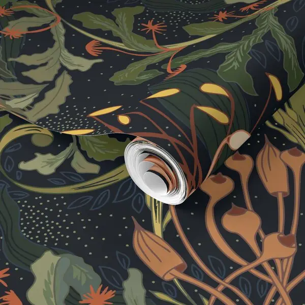 Spoonflower Leaves Nature Forest Victorian Damask Custom Pre-pasted Wallpaper - Green