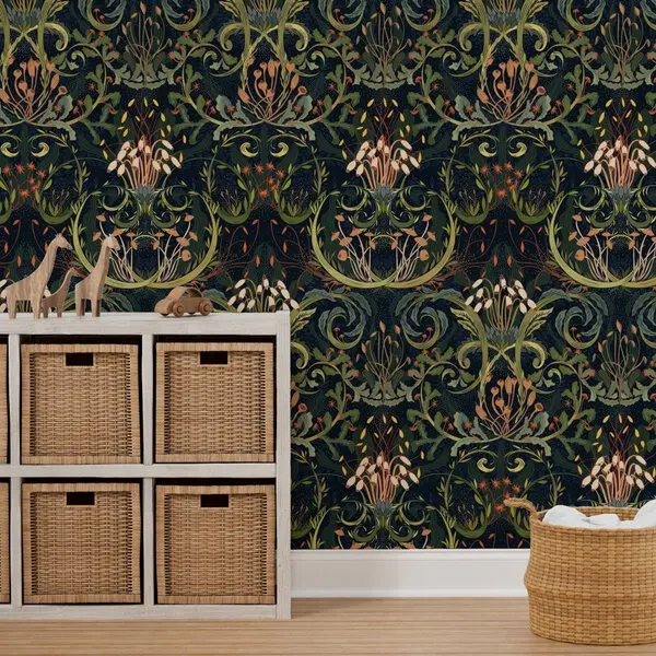 Spoonflower Leaves Nature Forest Victorian Damask Custom Pre-pasted Wallpaper