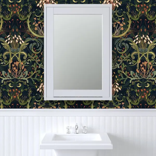 Spoonflower Leaves Nature Forest Victorian Damask Custom Pre-pasted Wallpaper - Green