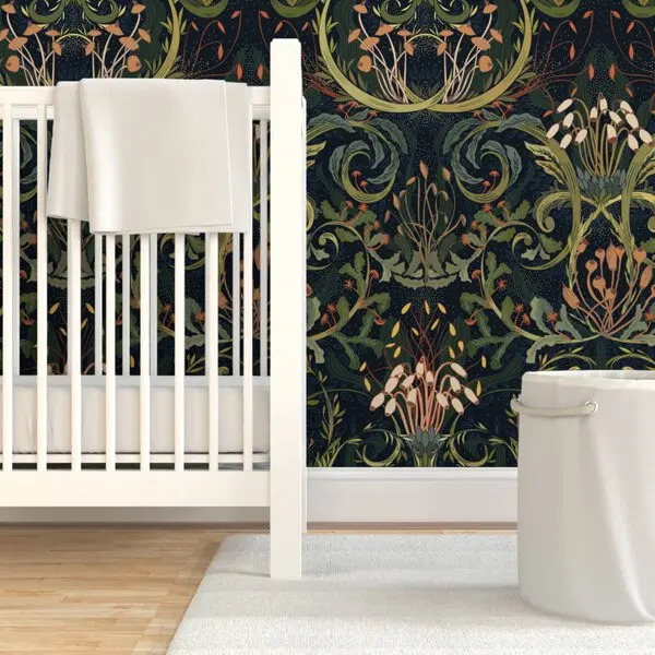 Spoonflower Leaves Nature Forest Victorian Damask Custom Pre-pasted Wallpaper - Green