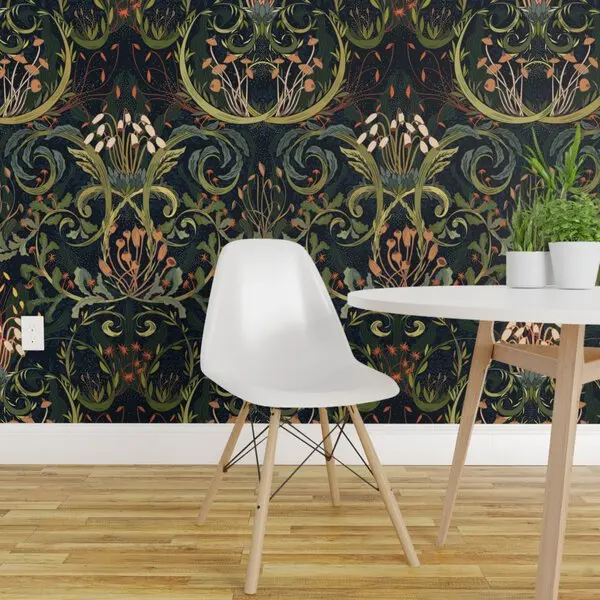 Spoonflower Leaves Nature Forest Victorian Damask Custom Pre-pasted Wallpaper - Green