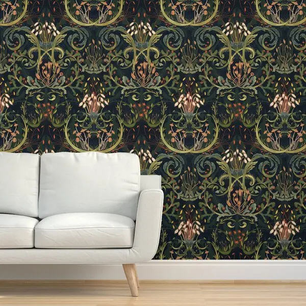 Spoonflower Leaves Nature Forest Victorian Damask Custom Pre-pasted Wallpaper - Green
