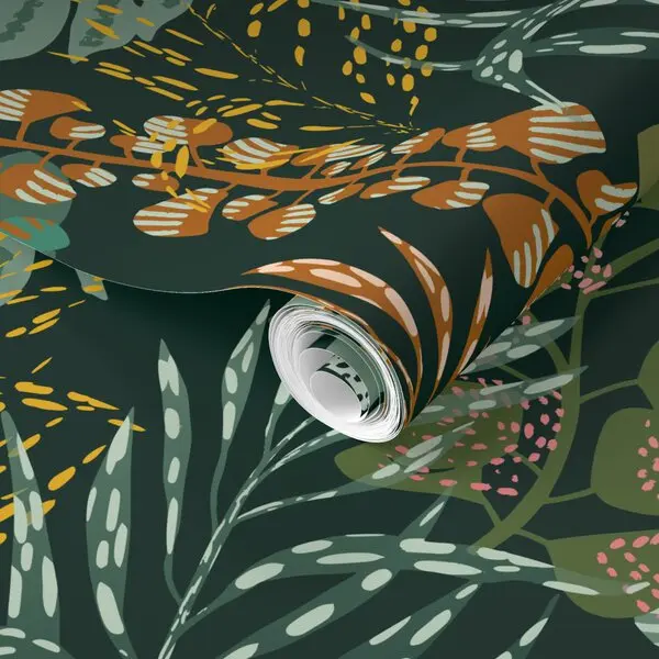 Spoonflower Tropical Night Emerald Leaves Floral Nature Custom Pre-pasted Wallpaper - Green