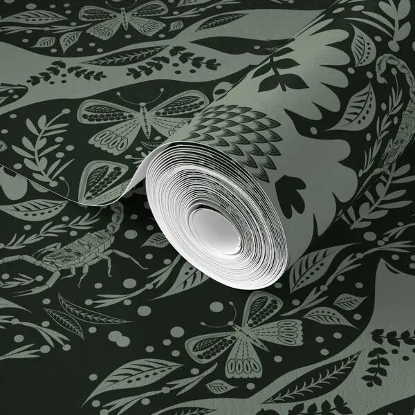 Spoonflower Damask Wild Animals Green Owl Moth Fox Forest Traditional Wallpaper