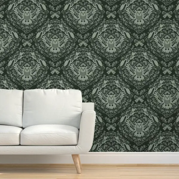 Spoonflower Damask Wild Animals Green Owl Moth Fox Forest Traditional Wallpaper