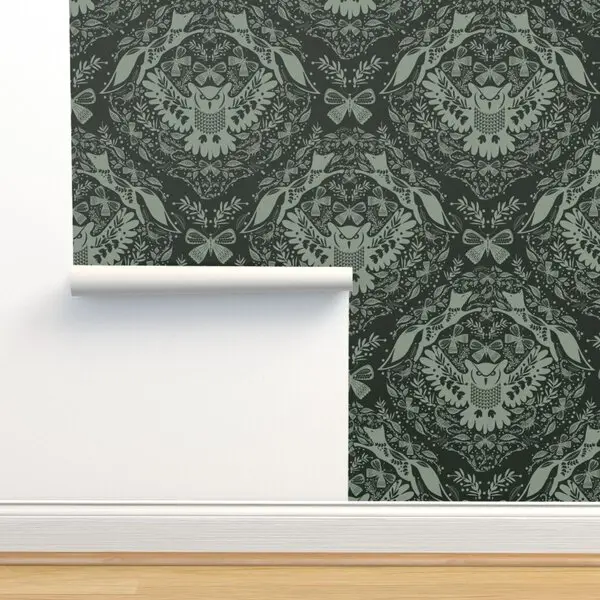 Spoonflower Damask Wild Animals Green Owl Moth Fox Forest Traditional Wallpaper