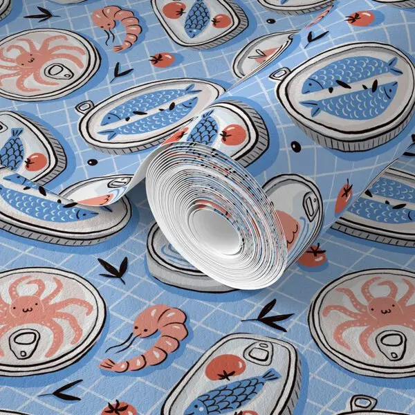 Spoonflower Sprat Blue Cute Fish Ative Illustration Home Food Traditional Wallpaper - Blue,pink,brown