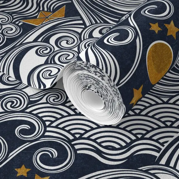 Spoonflower Sea Adventure Blue Japanese Waves Ocean Traditional Wallpaper - Blue,gray