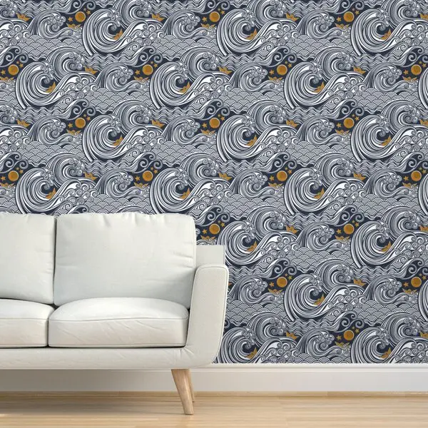 Spoonflower Sea Adventure Blue Japanese Waves Ocean Traditional Wallpaper - Blue,gray