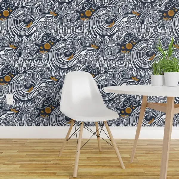 Spoonflower Sea Adventure Blue Japanese Waves Ocean Traditional Wallpaper - Blue,gray