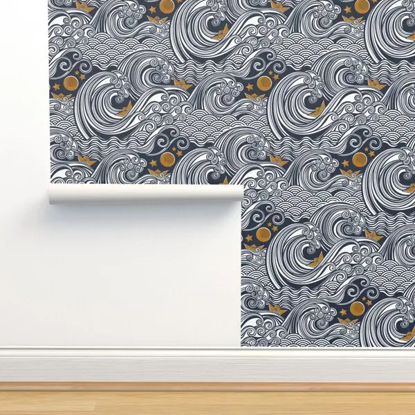 Spoonflower Sea Adventure Blue Japanese Waves Ocean Traditional Wallpaper - Blue,gray