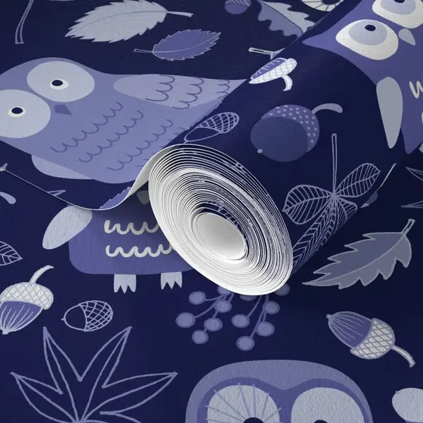Spoonflower Owls Autumn Lilac Purple Birds Fall Cute Traditional Wallpaper - Blue,purple