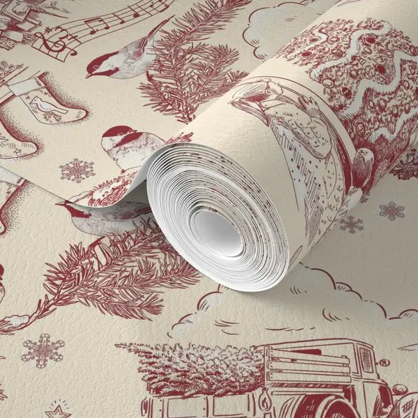 Spoonflower Holiday Toile Red Cream Retro Birds Winter Snow Traditional Wallpaper - Pink,red,brown