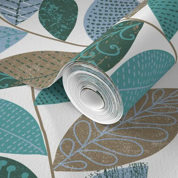 Spoonflower Leaf Blue Teal Brown Spots Contemporary Home Traditional Wallpaper - Gray,teal,green