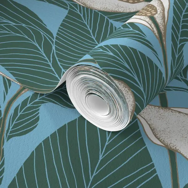 Spoonflower Peace Lily Green Blue Leaves Floral Home Neutral Traditional Wallpaper - Green,blue,teal