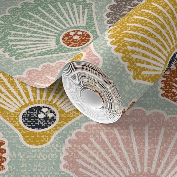 Spoonflower Scandi Coastal Seashells Pink Sea Scandinavian Traditional Wallpaper - Green,pink,beige