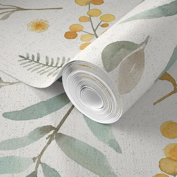 Spoonflower Australian Eucalyptus Watercolor Floral Yellow Traditional Wallpaper - Green,yellow,gray