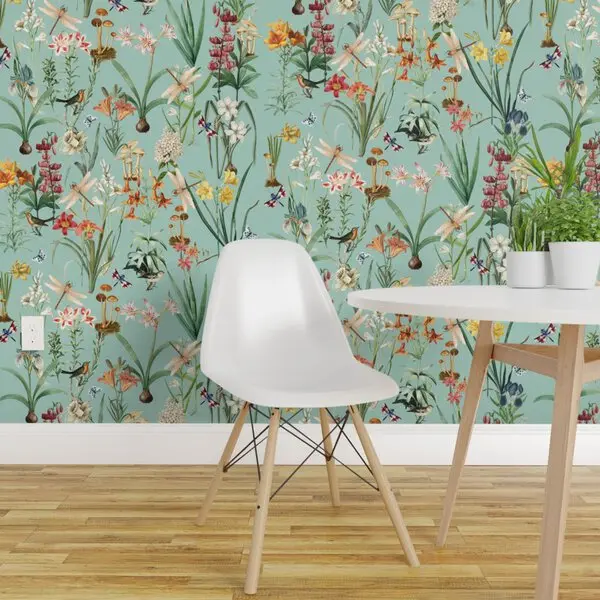 Spoonflower Garden Dragonflies Botanical Sky Blue Cottage Traditional Wallpaper