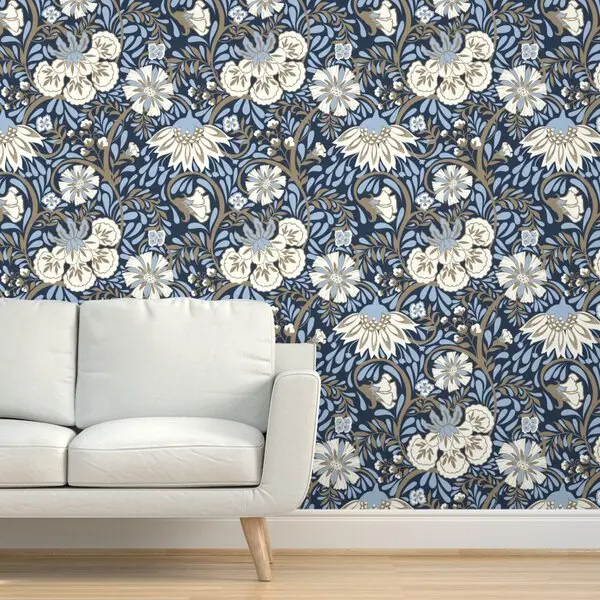 Spoonflower Florals Blue Whimsical Navy Natural Mushroom Traditional Wallpaper