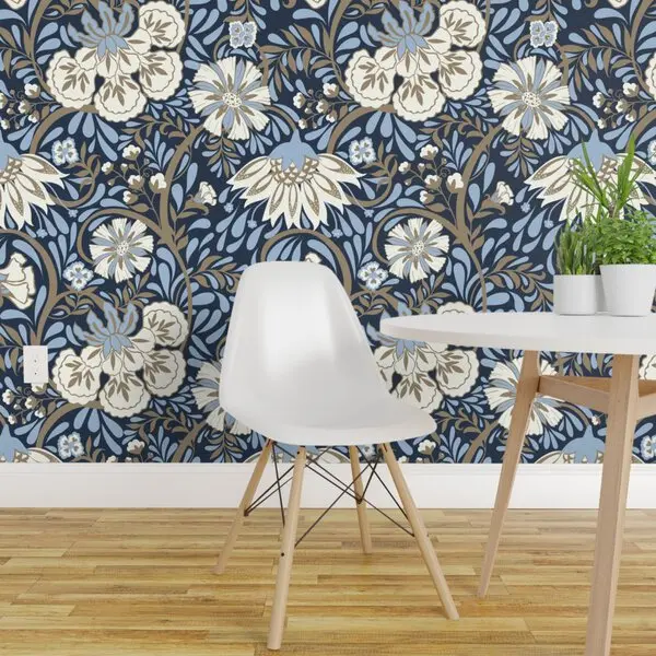 Spoonflower Florals Blue Whimsical Navy Natural Mushroom Traditional Wallpaper