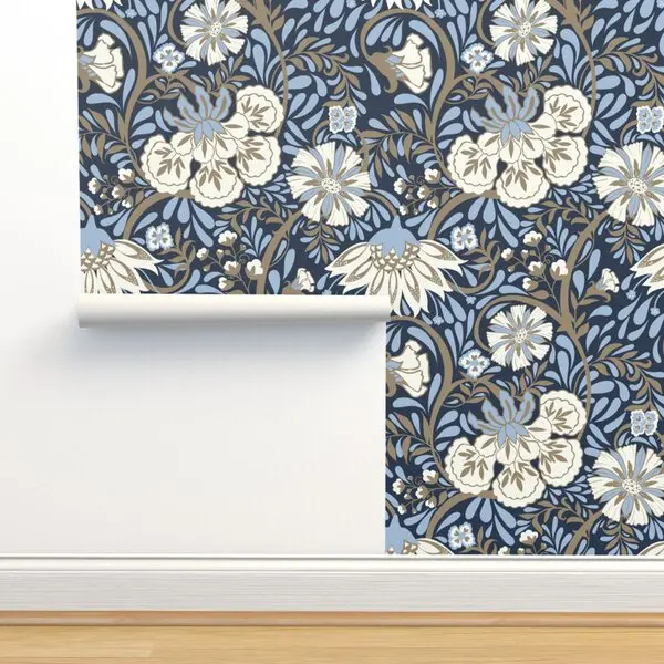Spoonflower Florals Blue Whimsical Navy Natural Mushroom Traditional Wallpaper