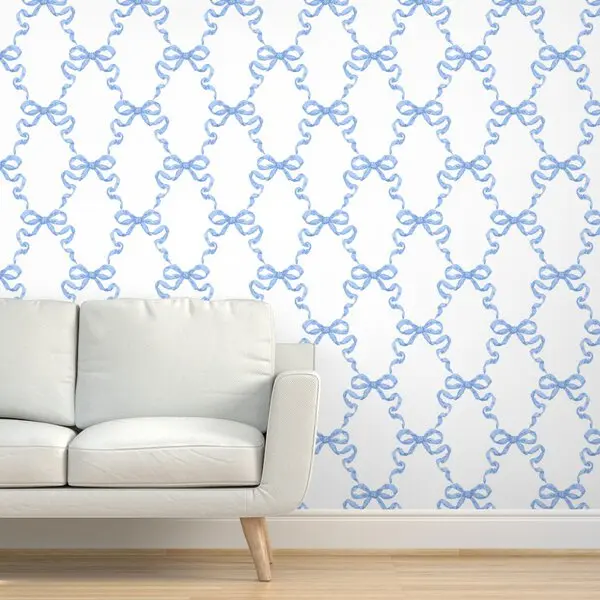 Spoonflower Nursery French Trellis White Blue Traditional Bow Traditional Wallpaper