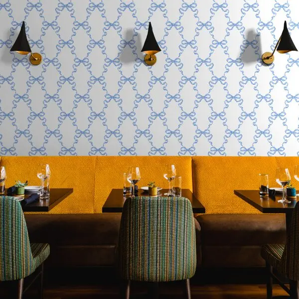 Spoonflower Nursery French Trellis White Blue Traditional Bow Traditional Wallpaper