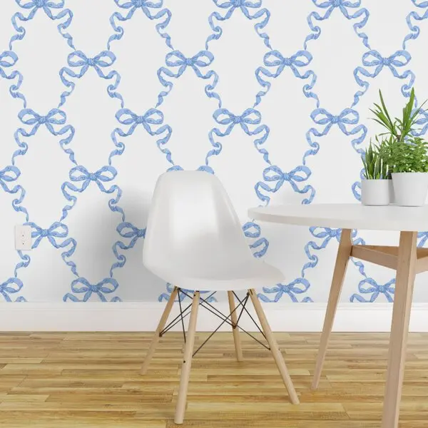 Spoonflower Nursery French Trellis White Blue Traditional Bow Traditional Wallpaper