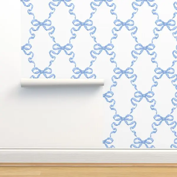 Spoonflower Nursery French Trellis White Blue Traditional Bow Traditional Wallpaper